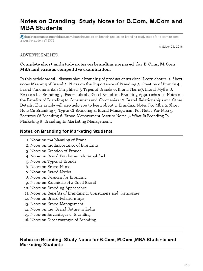 Notes On Branding Study Notes For BCom MCom and MBA Students | PDF ...