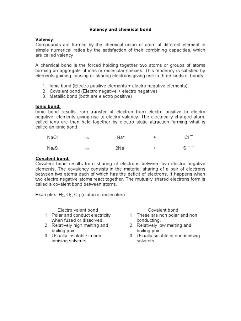 Valency and Chemical Bond Valency | PDF | Ionic Bonding | Chemical Bond
