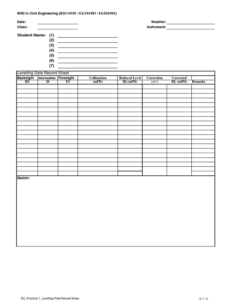 ES - Practical 1 - Levelling Field Record Sheet | PDF