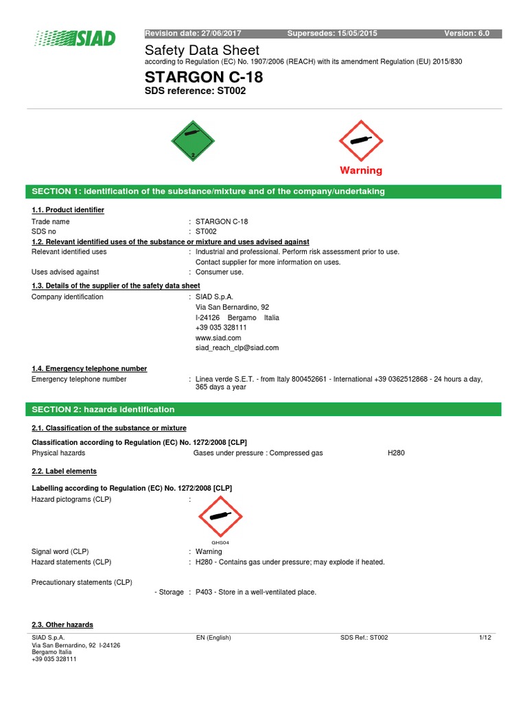 ST002 - GAS - EN Stargon C18 Seafety Data | Download Free PDF ...