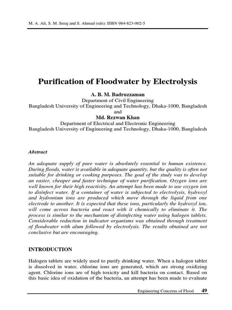 Purification of Floodwater by Electrolysis Salek Seraj | PDF | Water Purification | Ion