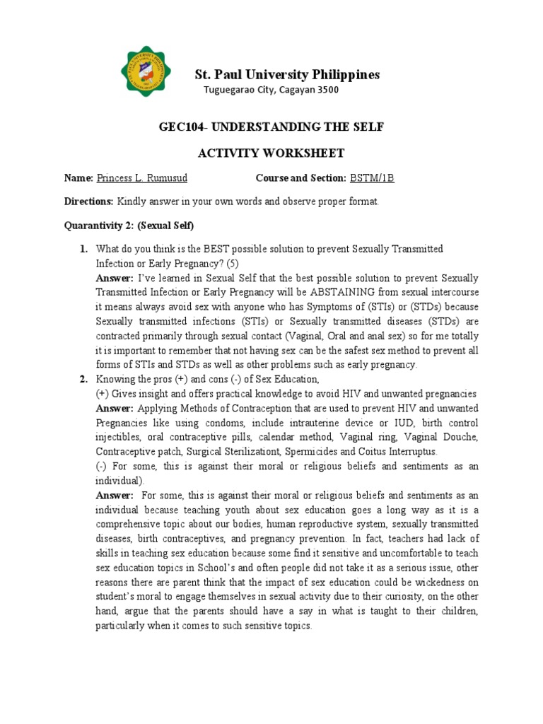 Activity Worksheet | PDF | Sexually Transmitted Infection | Sexual ...