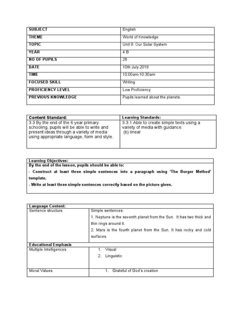 Lesson Plan Year 4 Writing Fourth Weeek New | PDF | Planets | Sun