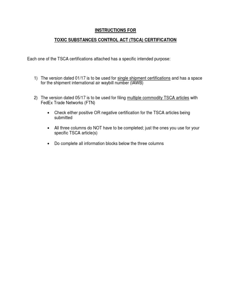 Instructions For Toxic Substances Control Act (Tsca) Certification ...