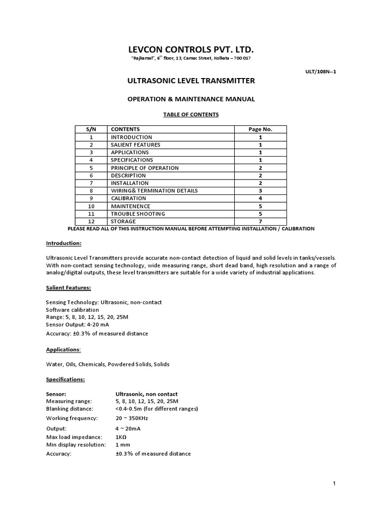 Level Sensor Manual | PDF | Ultrasound | Sensor
