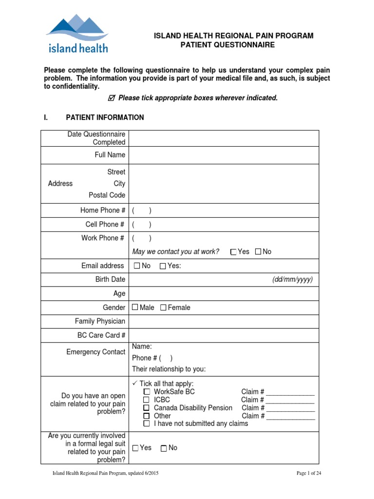 Island Health Pain Program Questionnaire | PDF | Pain | Headache