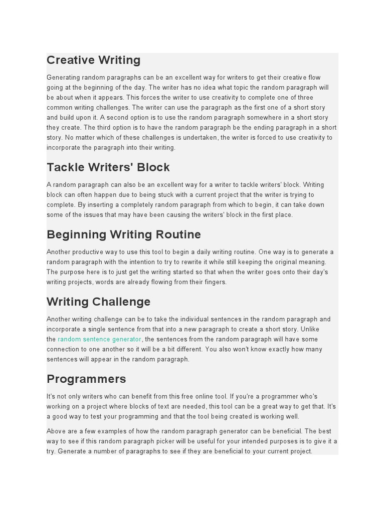 Creative Writing: Random Sentence Generator | PDF | Paragraph | Writers