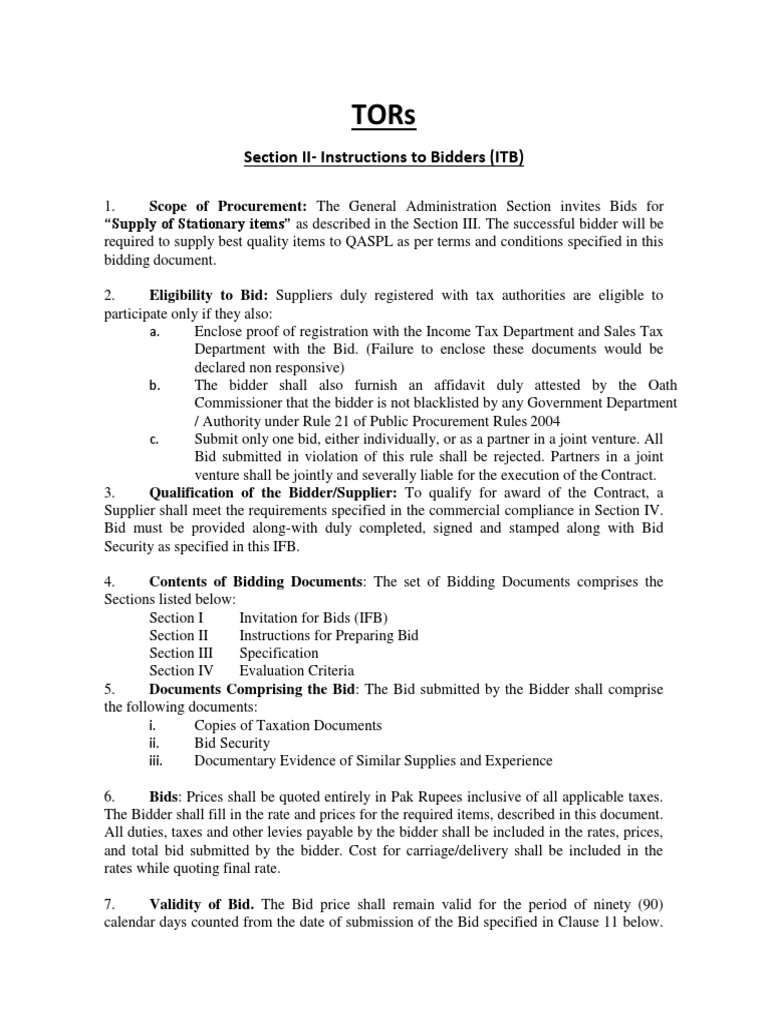 Stationery Bidding Documents TORs | PDF | Taxes | Prices