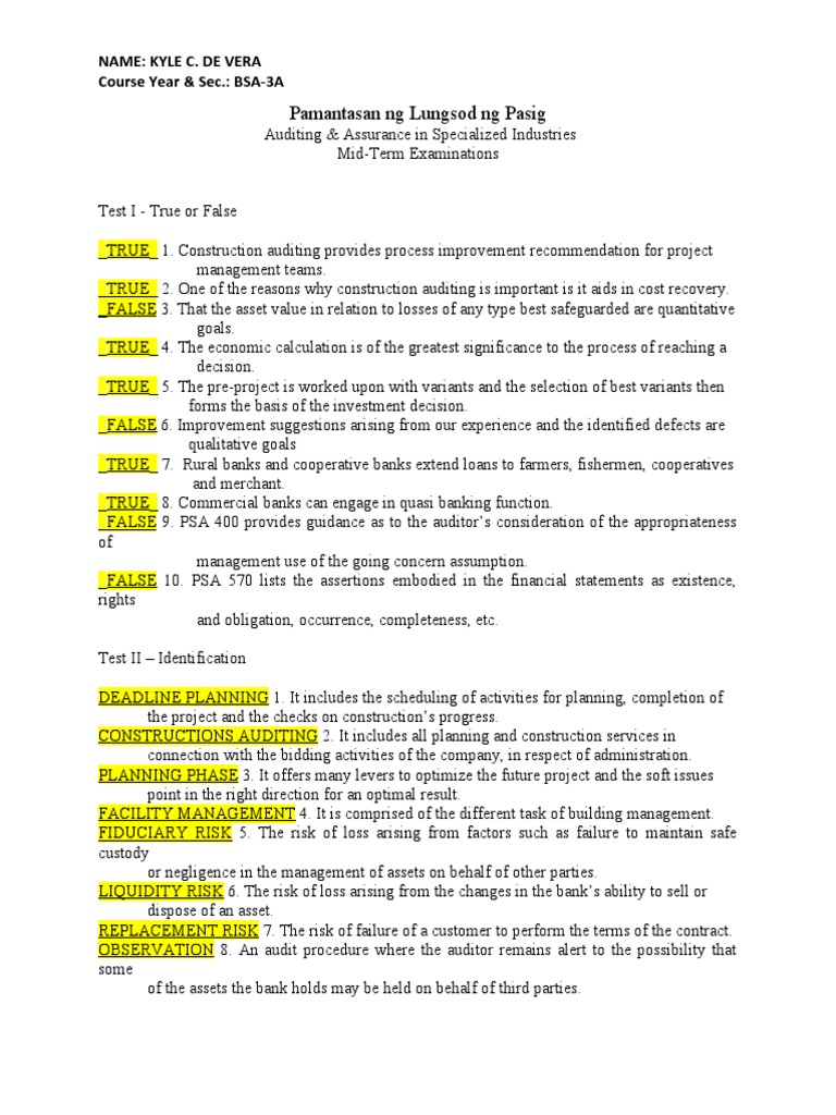 KYLE DE VERA BSA-3A (Auditing & Assurance in SPCL Industries MT Exam ...