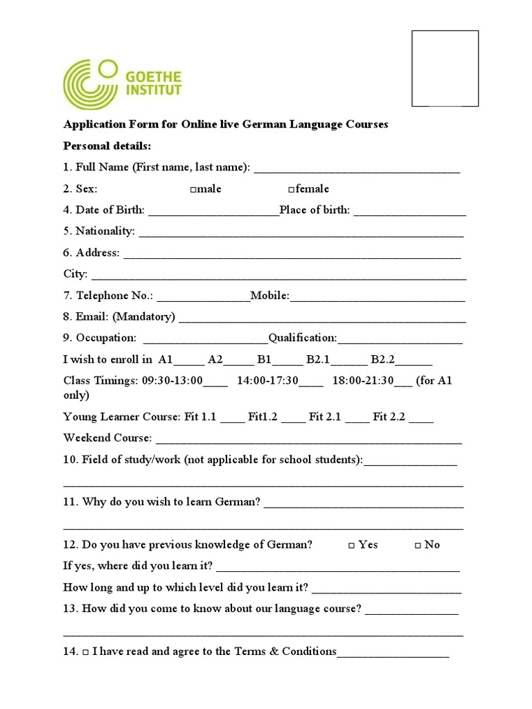 German Language Course Application Form | PDF | Fee | Payments