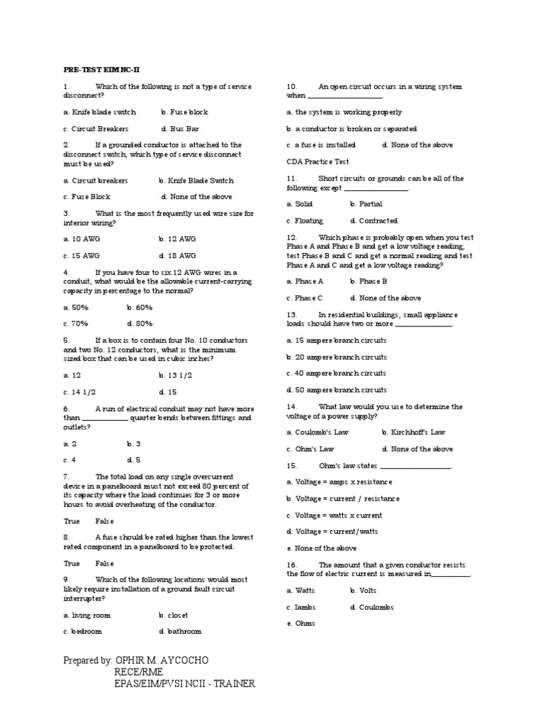 Pre-Test Eim Nc-Ii: Prepared By: OPHIR M. AYCOCHO Rece/Rme Epas/Eim ...