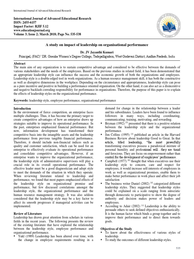 A Study On Impact of Leadership On Organisational Performance | PDF ...