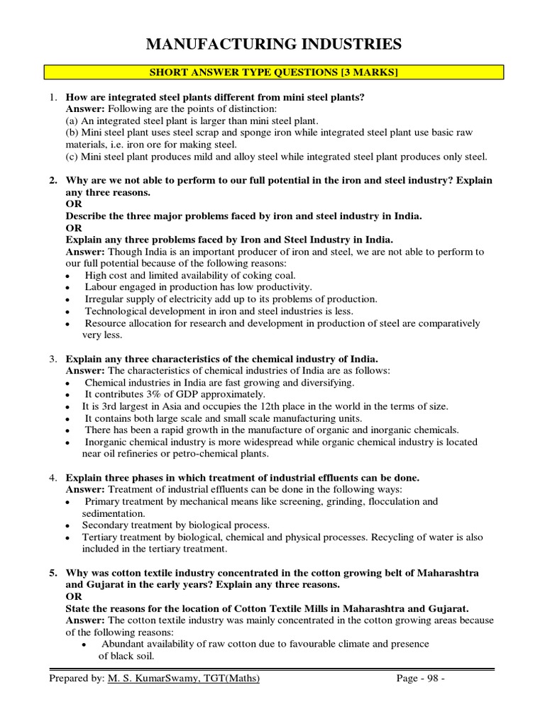 11 Manufacturing Industries Important Questions and Answers | PDF ...