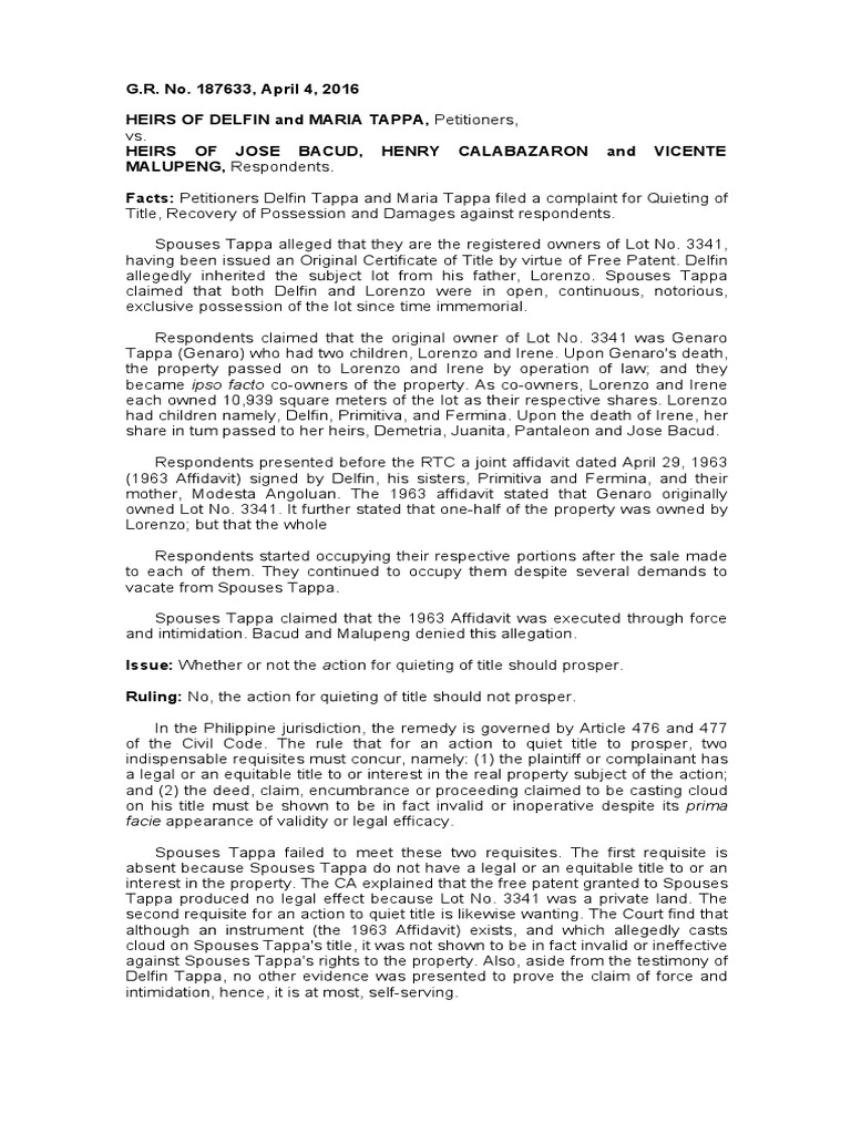 Heirs of Delfin and Maria Tuppa V Heirs of Bacud, Calabarzon, Tupang ...
