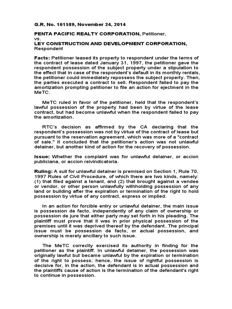 Penta Pacific Realty Corp V Rey Construction and Devt Corp Case Digest ...