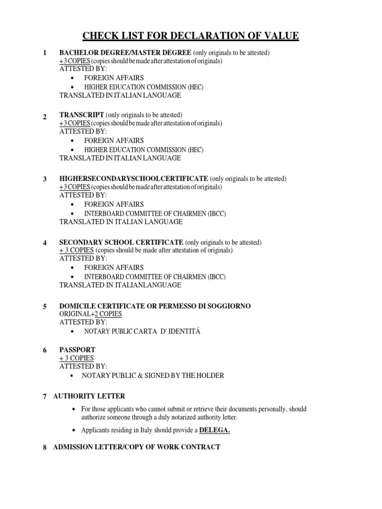 DOV Checklist for Italy Applications | PDF