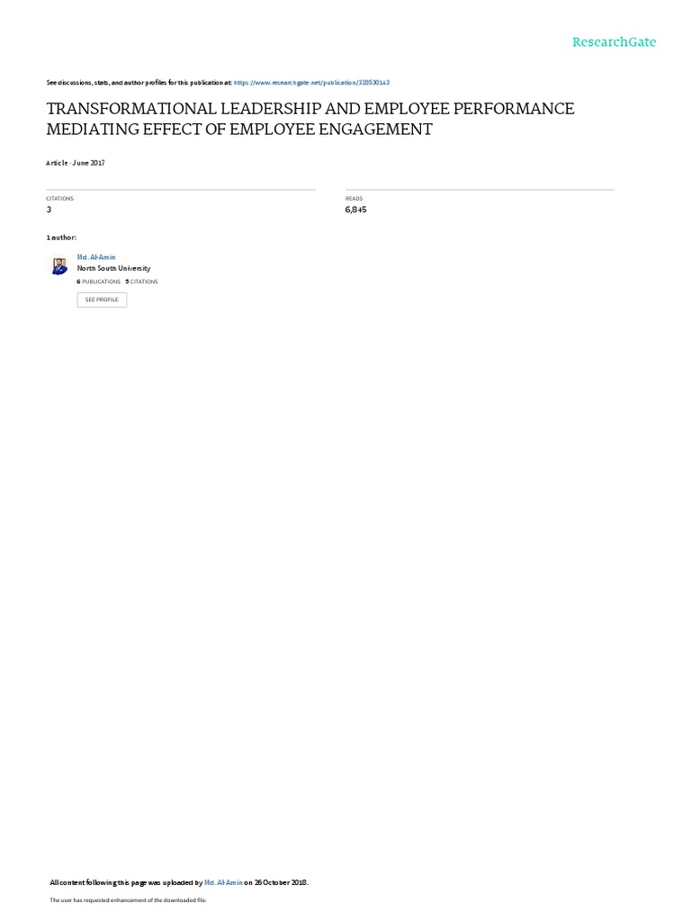 Transformational Leadership and Employee Performance Mediating Effect of Employee Engagement ...