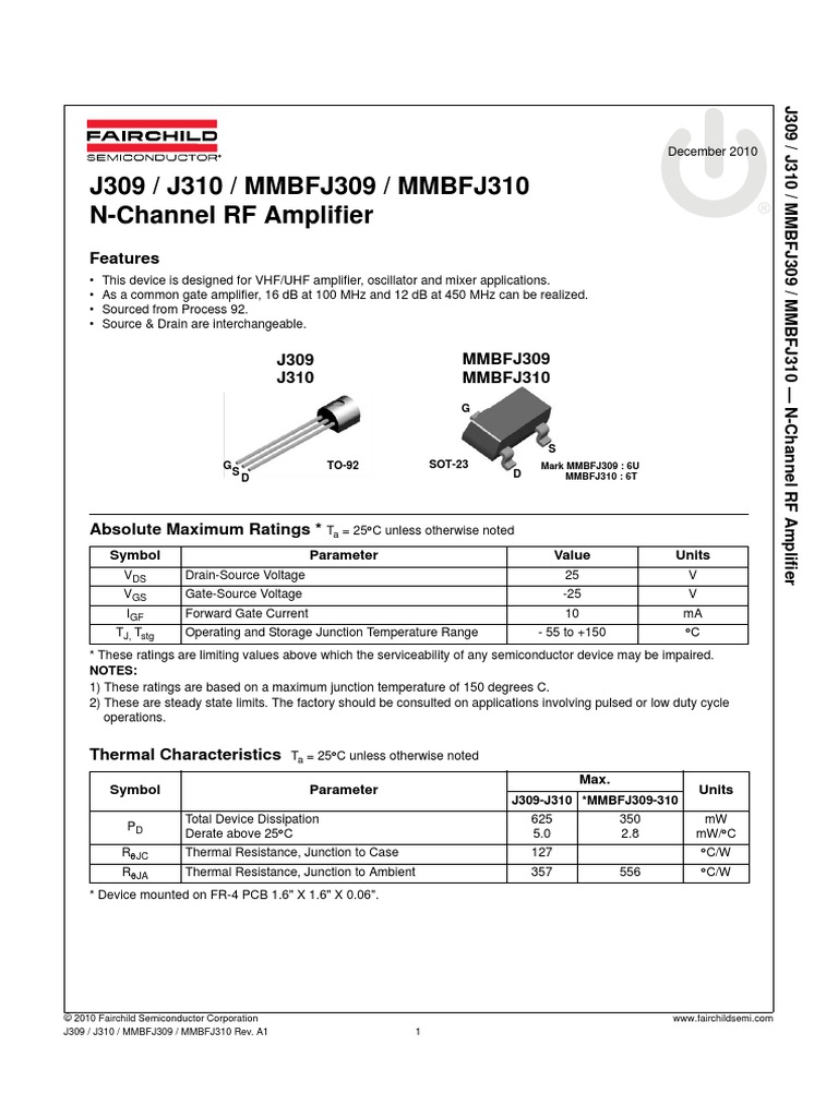J309 / J310 / MMBFJ309 / MMBFJ310 N-Channel RF Amplifier: Features ...