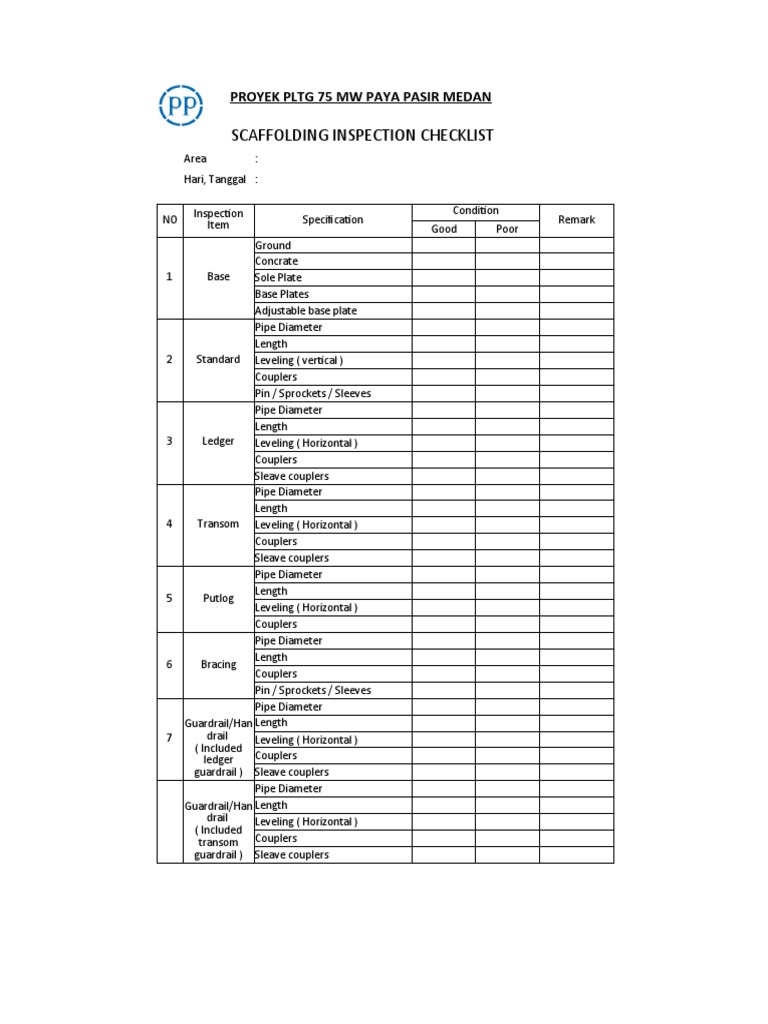 Scaffolding Inspection Checklist for PLTG 75 MW | PDF | Scaffolding ...