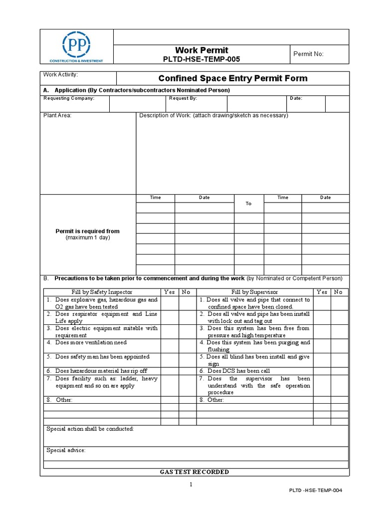 PP-HSE-FORM-005 PTW-Confined Space | PDF | Occupational Safety And ...