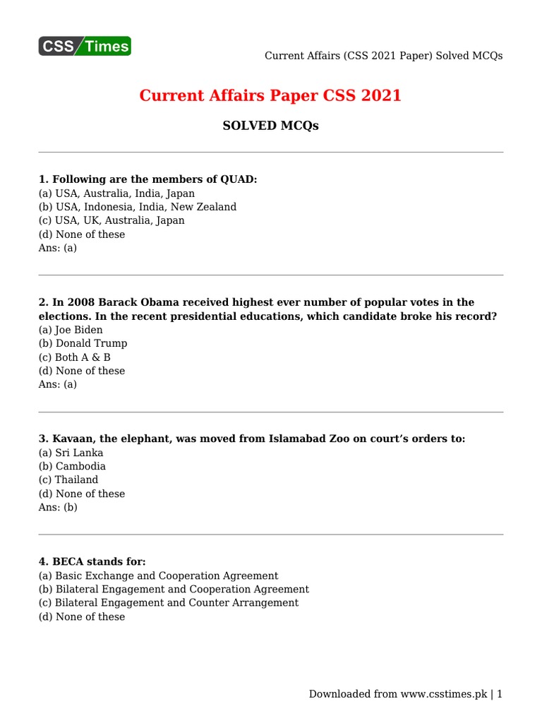 Current Affairs (CSS 2021 Paper) Solved MCQs | Download Free PDF | Pakistan | Government