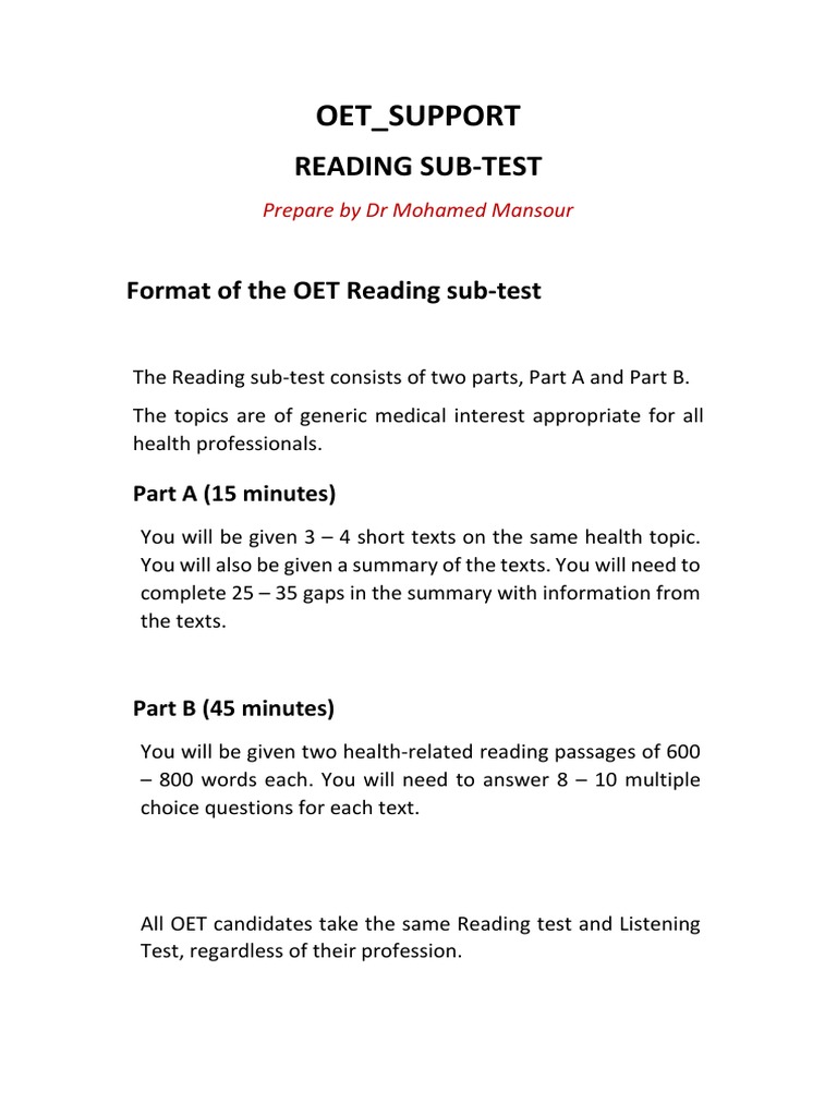 Oet - Support: Reading Sub-Test | PDF | Question | Multiple Choice