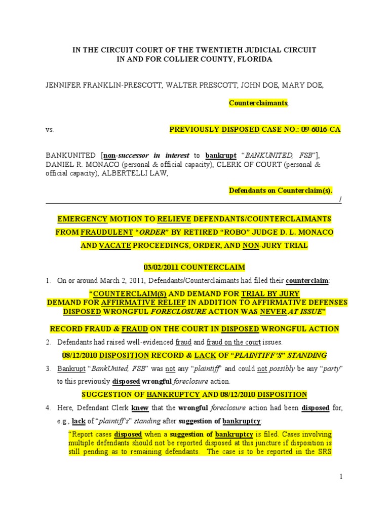 Emergency Motion to Vacate Fraudulent Order | PDF | Foreclosure | Jury ...
