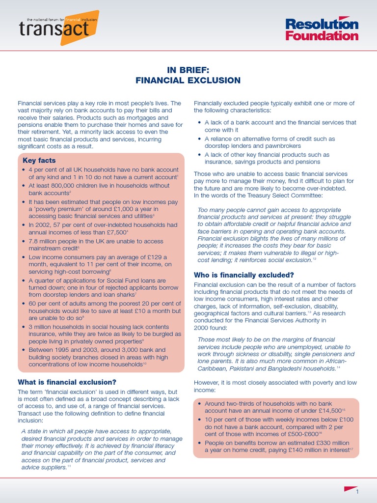 In Brief: Financial Exclusion: Key Facts | PDF | Loans | Financial ...