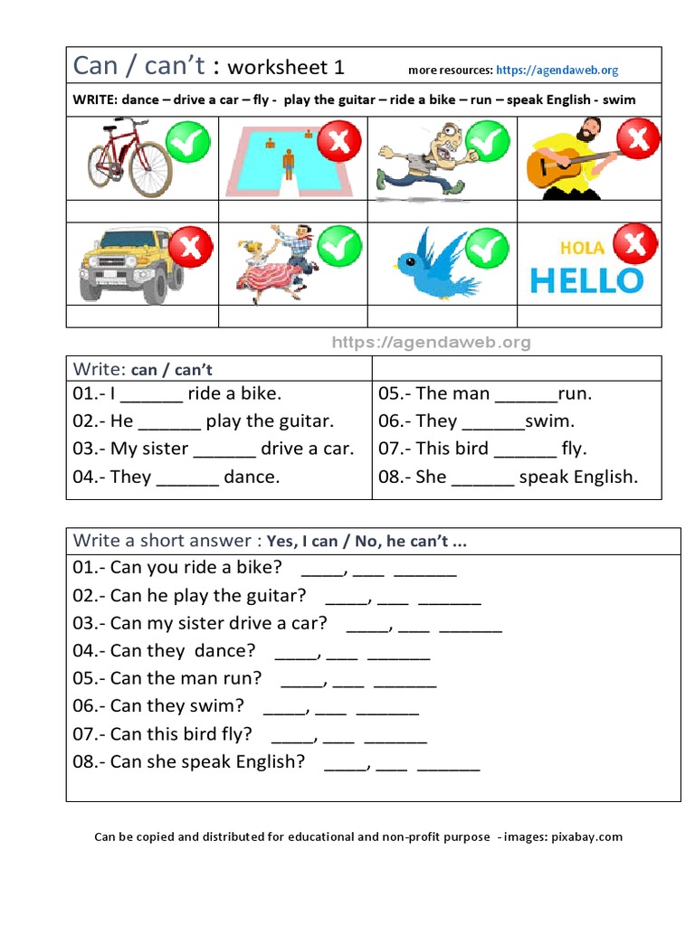 Can / Can't: Worksheet 1 | PDF
