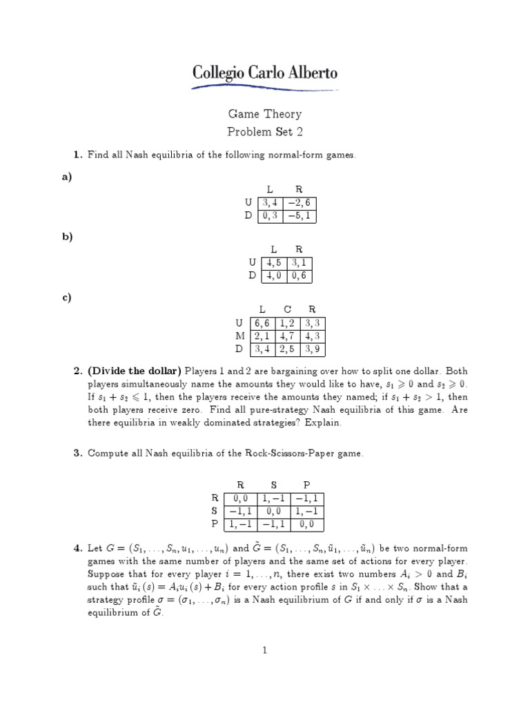 Game Theory Problem Set 2 | PDF | Game Theory | Leisure Activities