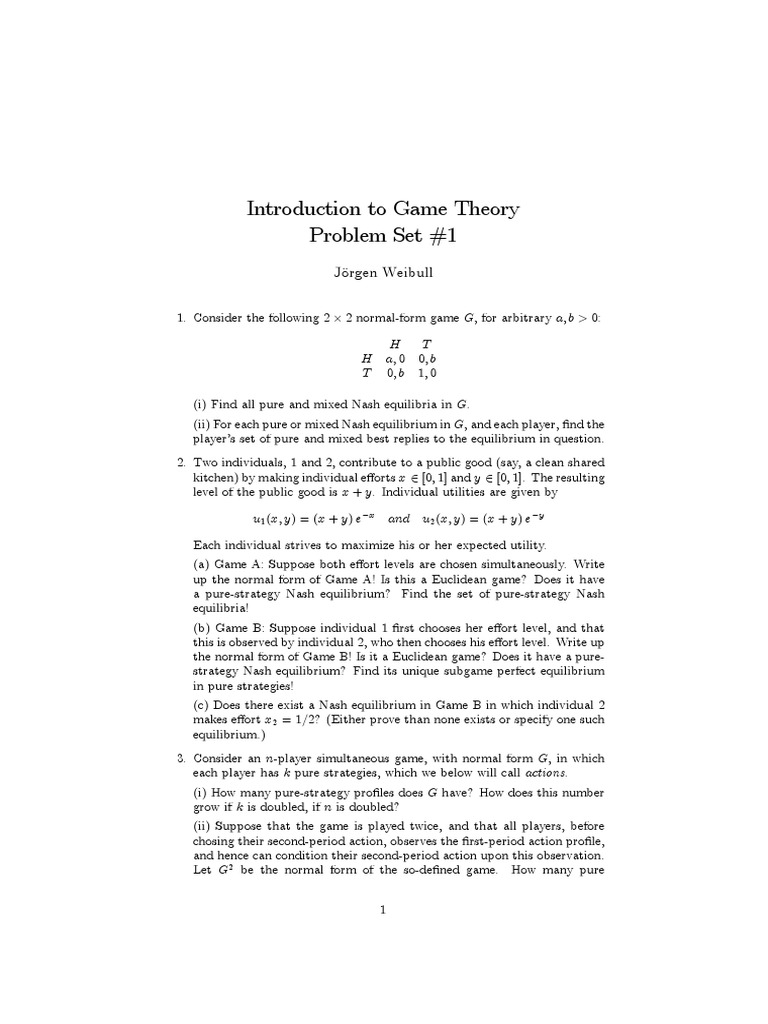 Introduction To Game Theory Problem Set #1: Jörgen Weibull | PDF | Applied Mathematics ...