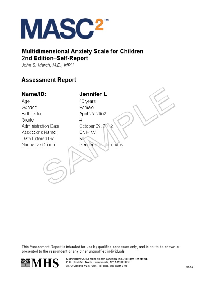 Sample: Multidimensional Anxiety Scale For Children 2nd Edition-Self ...