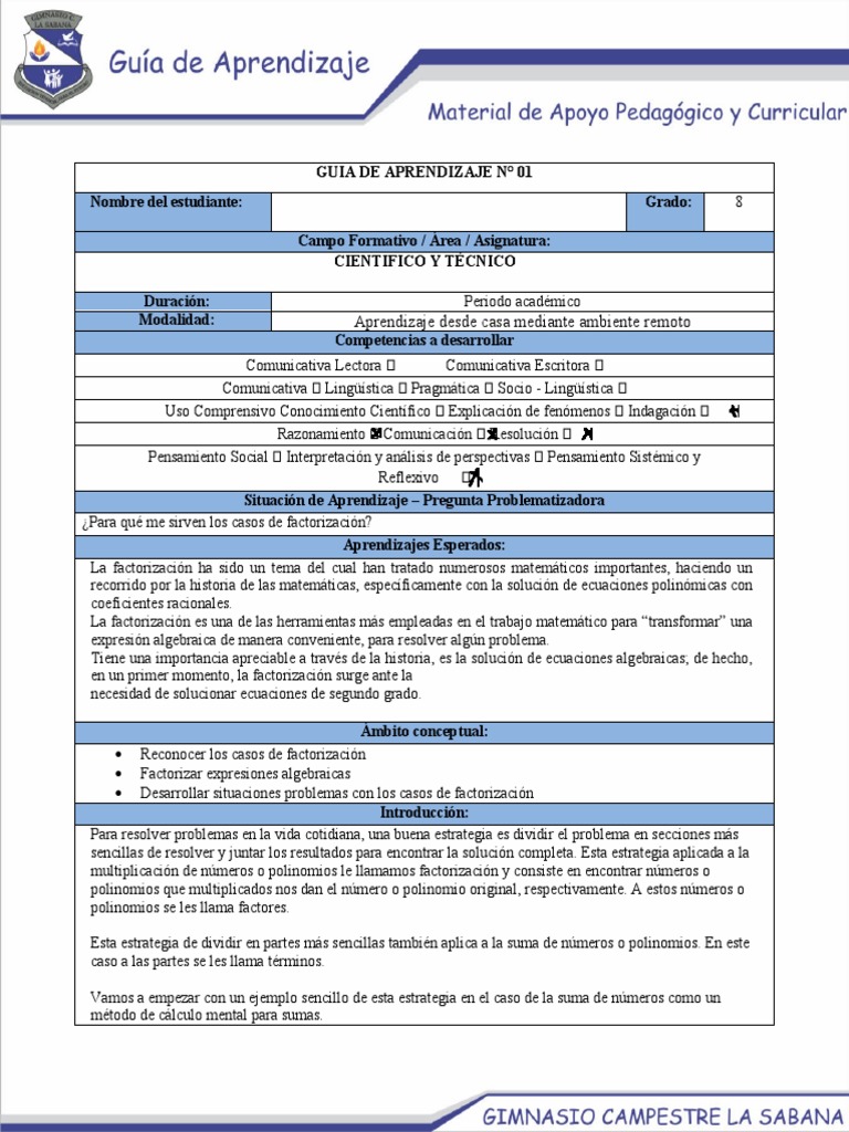 Guia de Octavo Primer Periodo | PDF | Factorización | Ecuaciones
