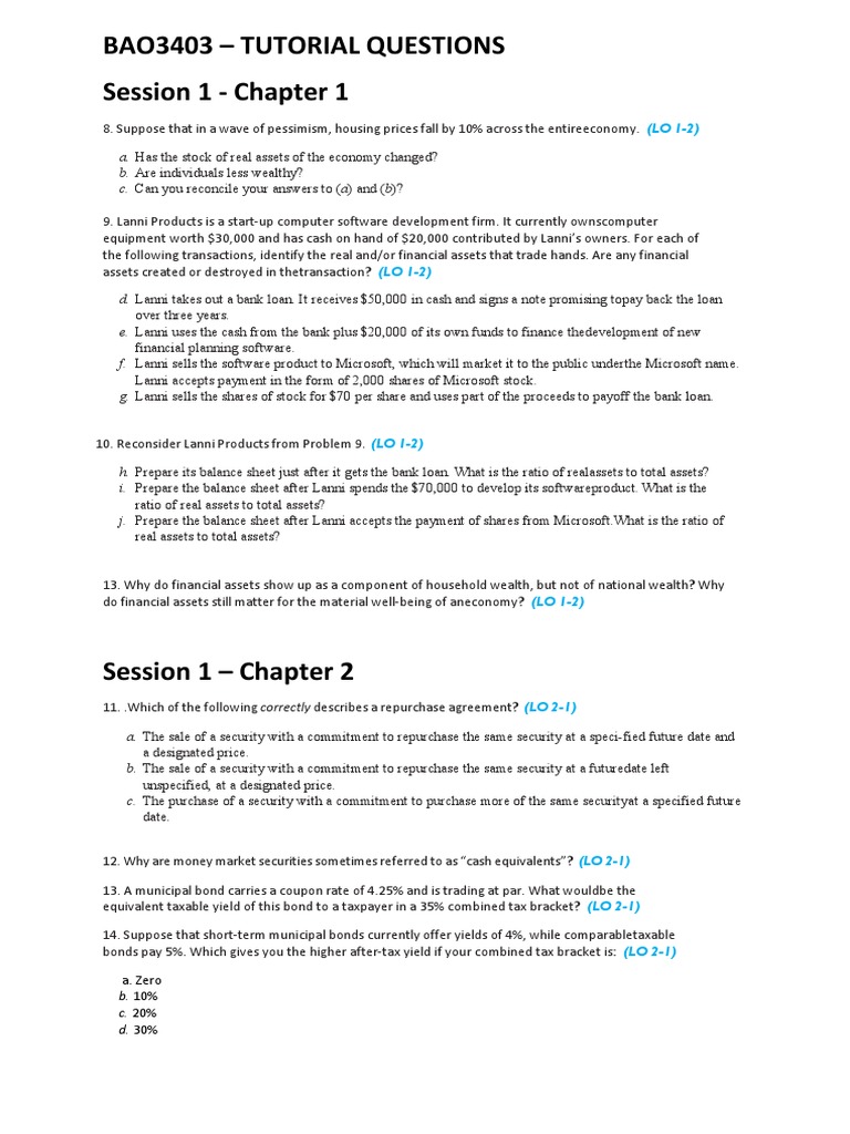 Bao3403 - Tutorial Questions Session 1 - Chapter 1: A. Zero | PDF | Municipal Bond | Bonds (Finance)