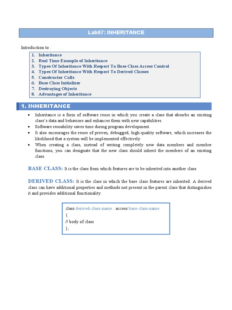 Lab07: Inheritance: Base Class: Derived Class | PDF | Class (Computer Programming) | Inheritance ...