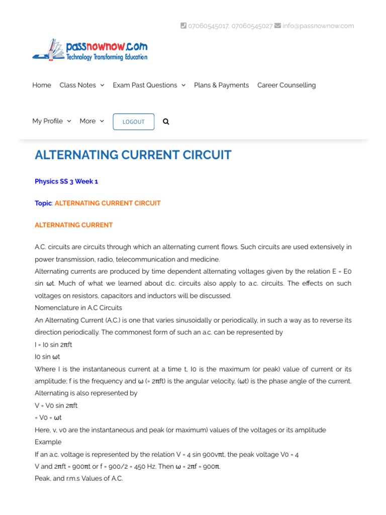 SS3 Physics Alternating Current Circuit | PDF | Capacitor | Electrical Network