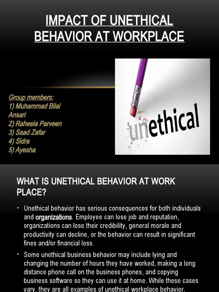 Impact of Unethical Behavior at Workplace PPT - Final | PDF | Shift ...