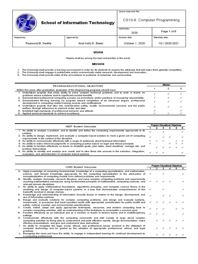 School of Information Technology: CS10-8: Computer Programming | PDF | System | Design