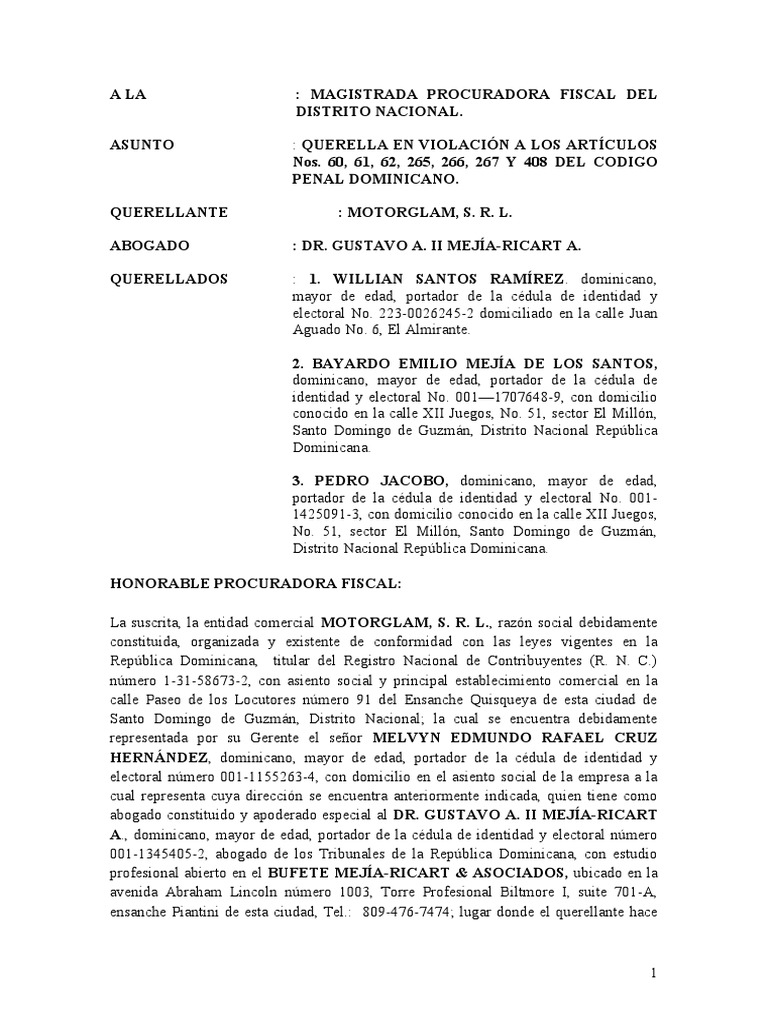 Modelo de Querella Contra Guardian | PDF | Queja | República Dominicana Modelo de Querella Contra Guardian | PDF | Queja | República Dominicana