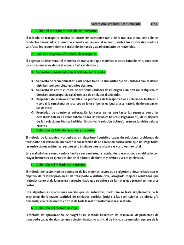 Definición y Métodos de Transporte | PDF | Ecuaciones | Algoritmos