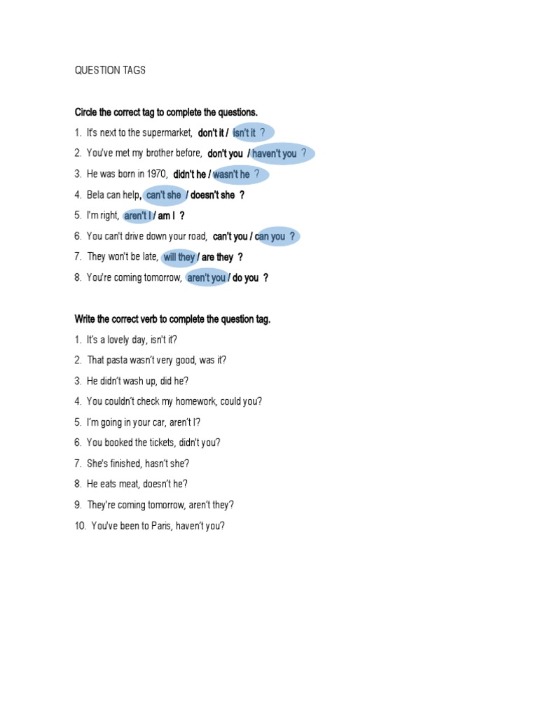 Question Tags Exercise | PDF