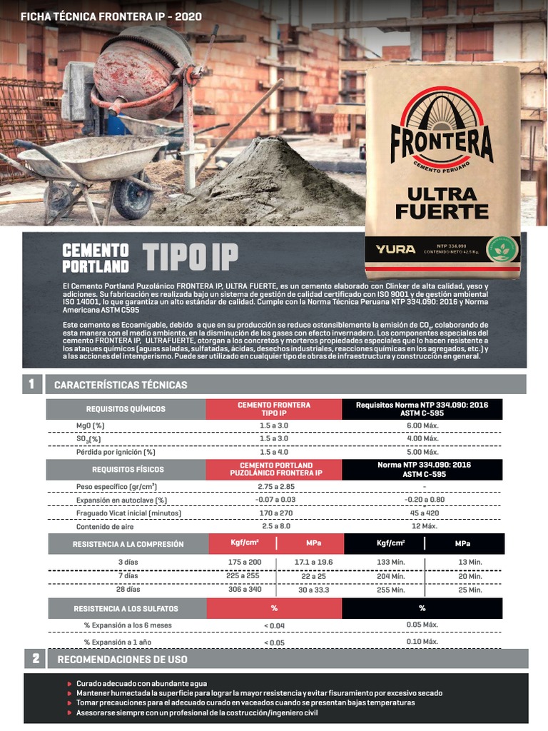 Ficha Tecnica Cemento Frontera Ip | PDF | Cemento | Materiales de construcción
