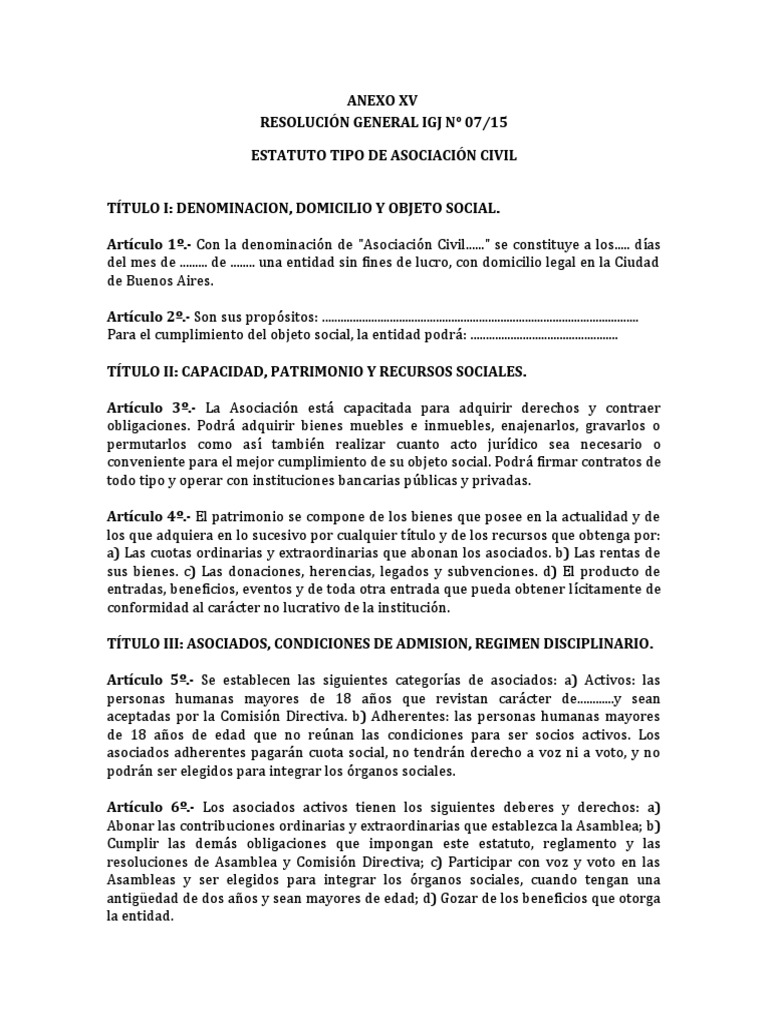 Anexo XV RG 07-15 Estatuto Asociaciones | PDF | Organización sin ánimo de lucro | Bienes (Ley)