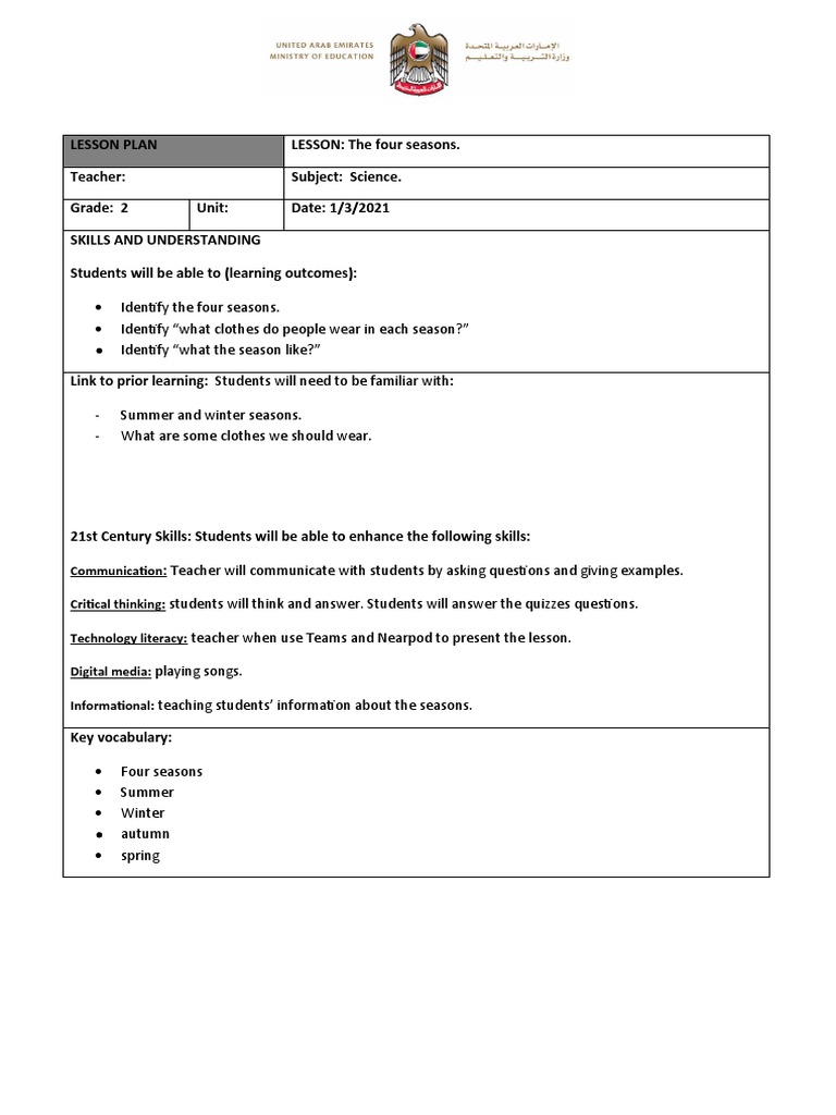 Grade 2 Lesson Plan: The Four Seasons | PDF | Lesson Plan | Teachers