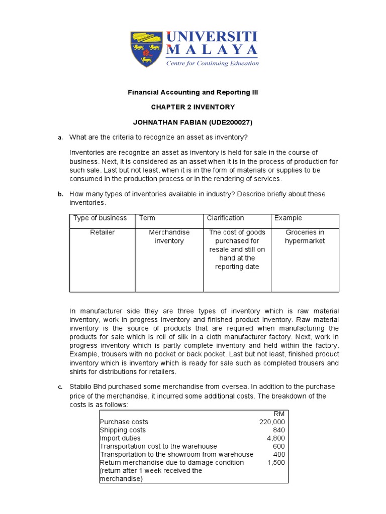 Financial Accounting and Reporting III Chapter 2 Inventory Johnathan ...