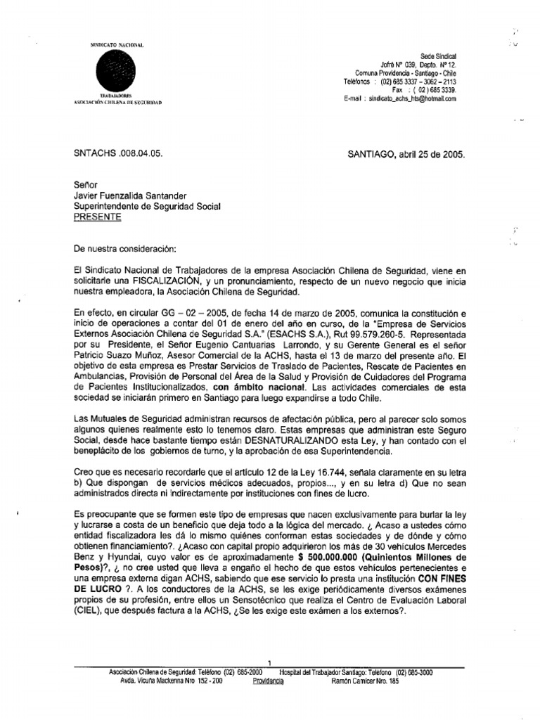 Carta de Sindicato ACHS A SUSESO | PDF