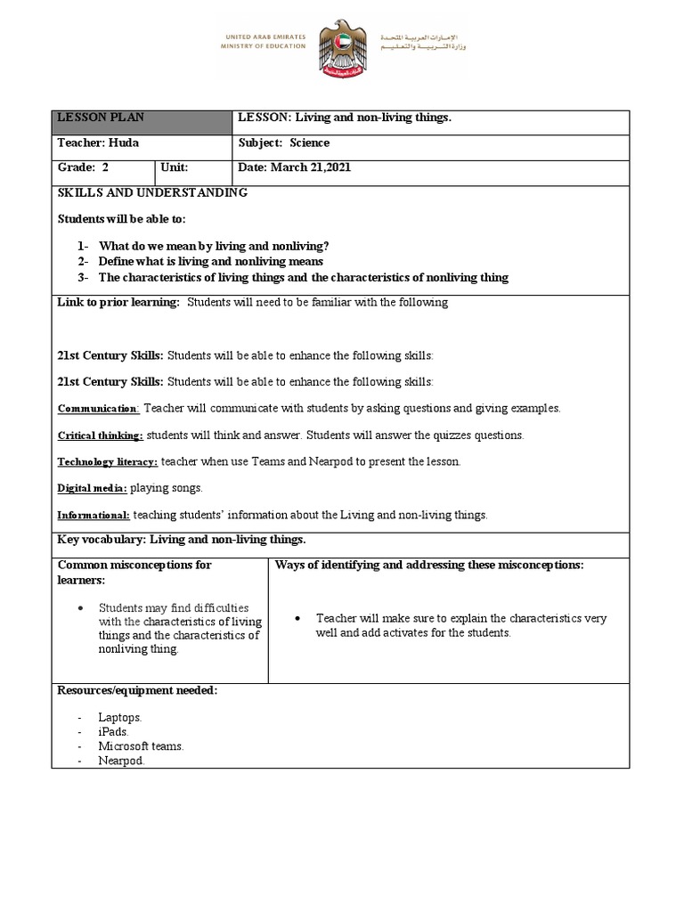 Living and Non-Living Things. | PDF | Teachers | Lesson Plan