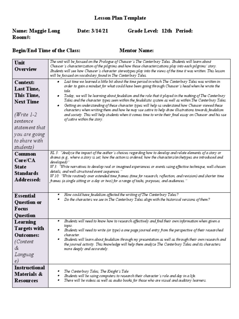 Vocabulary Lesson Plan The Canterbury Tales | PDF | The Canterbury ...
