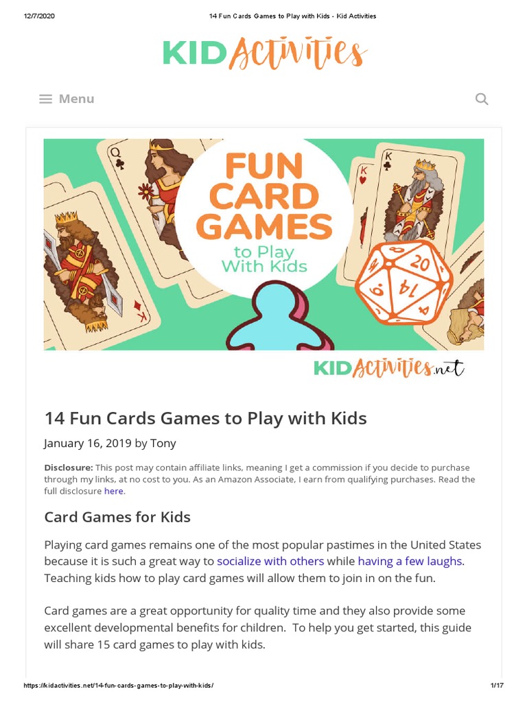 14 Fun Cards Games To Play With Kids - Kid Activities | PDF | Playing ...