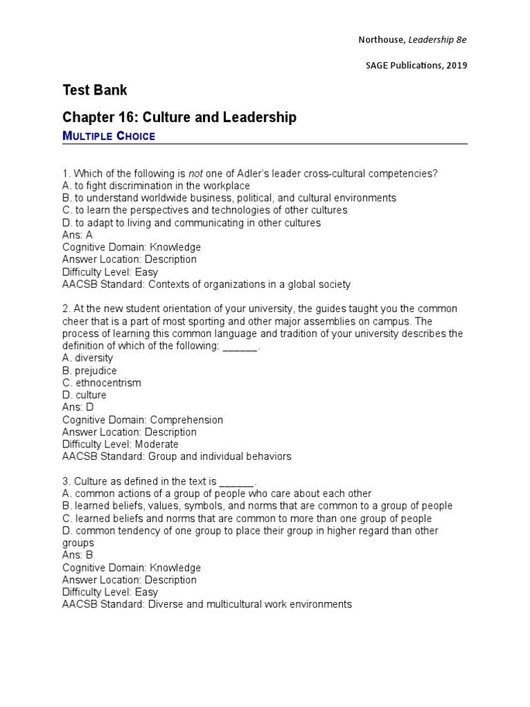 Test Bank Chapter 16: Culture and Leadership: Ultiple Hoice | PDF ...